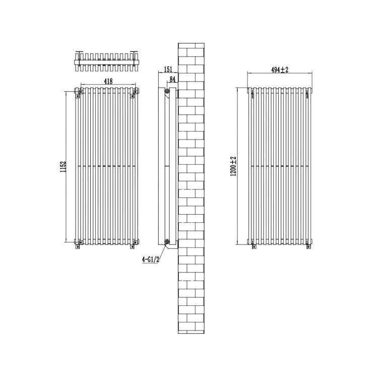 Black Vertical Double Panel Radiator 1200 x 500mm - Nevada - Essential ...